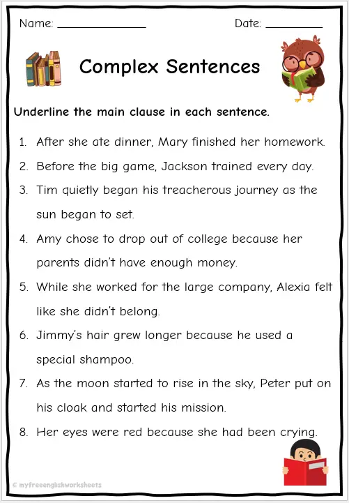 Complex Sentence Worksheets - Main Clause | Free English Worksheets