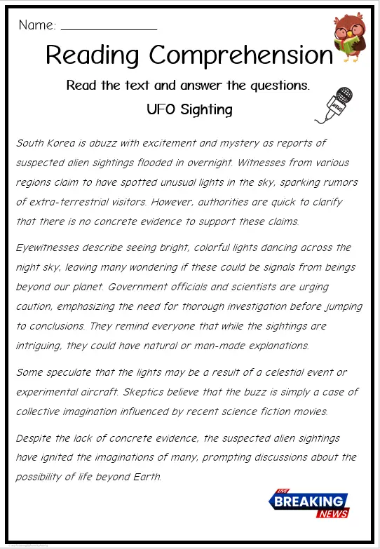 5th Grade Reading Comprehension Worksheet